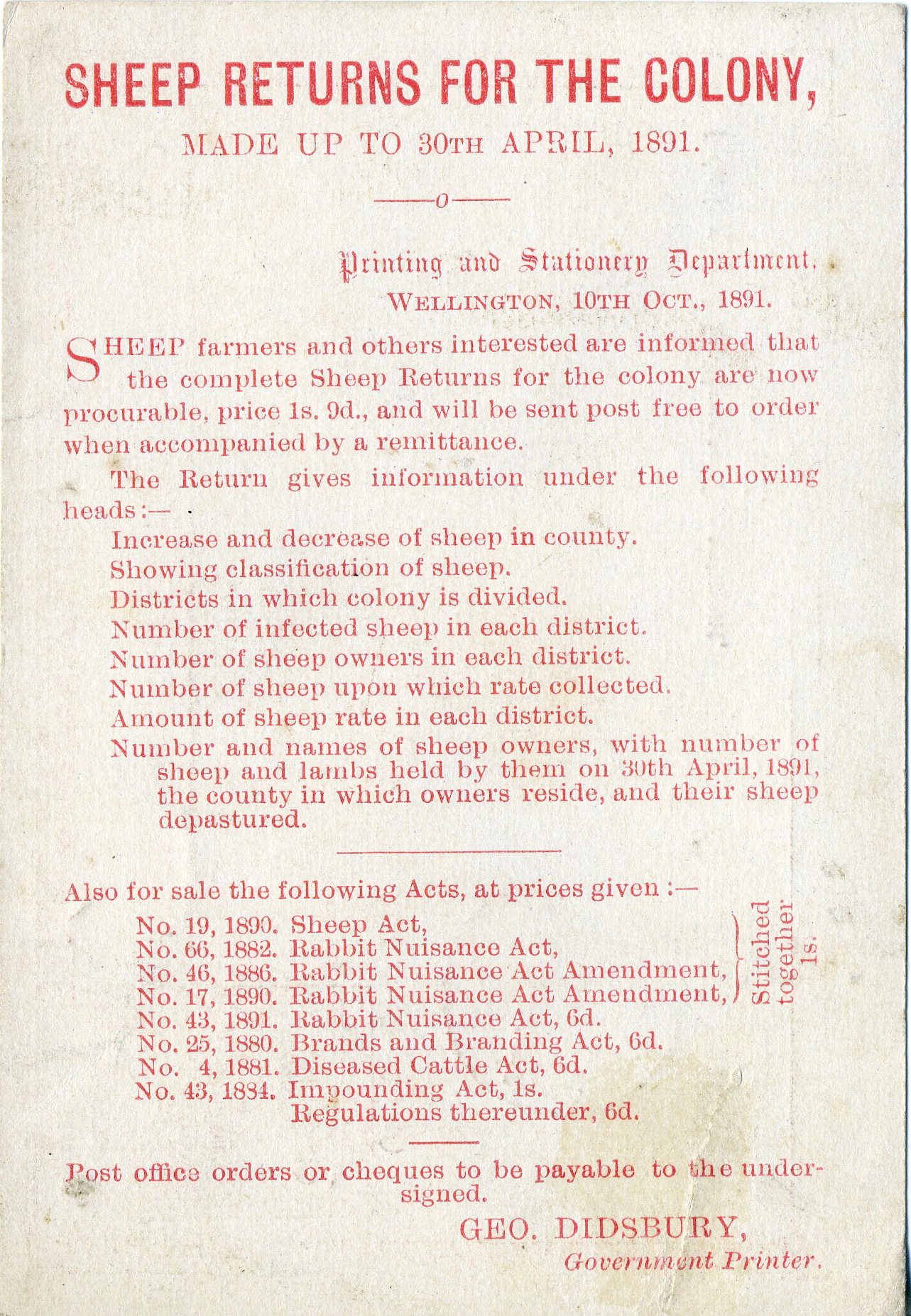 Sheep Returns for the Colony 1891 – New Zealand Postal Stationery Cards